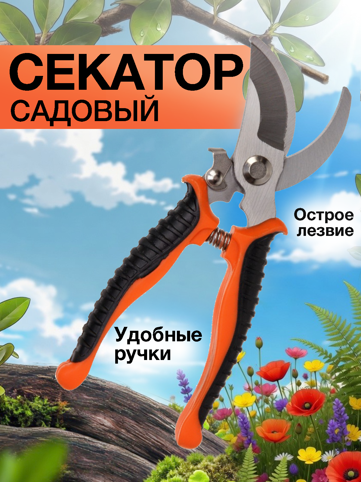 Секатор плоскостной 7,5" (19,5см) "Фортуна" пластиковые прорезиненные ручки ДоброСад
