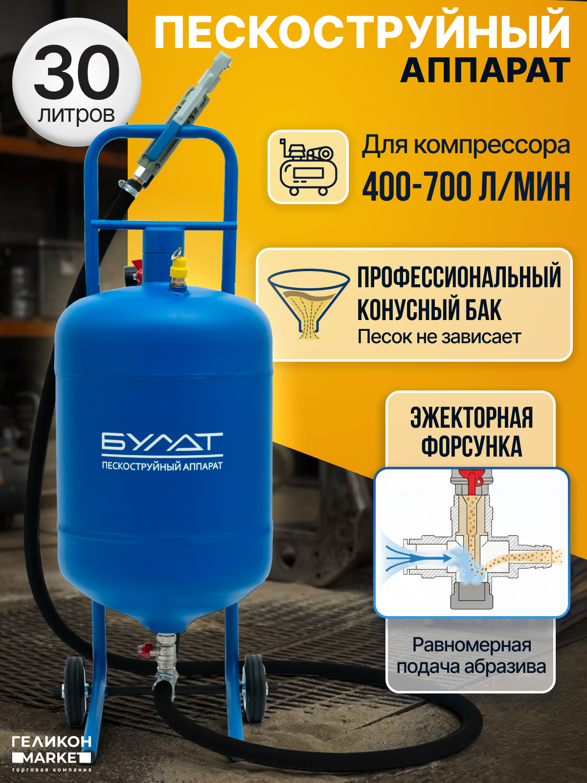 Пескоструйный аппарат Helicon Булат 2, 30 л, для чистки металла или дерева, с осушителем и колесами