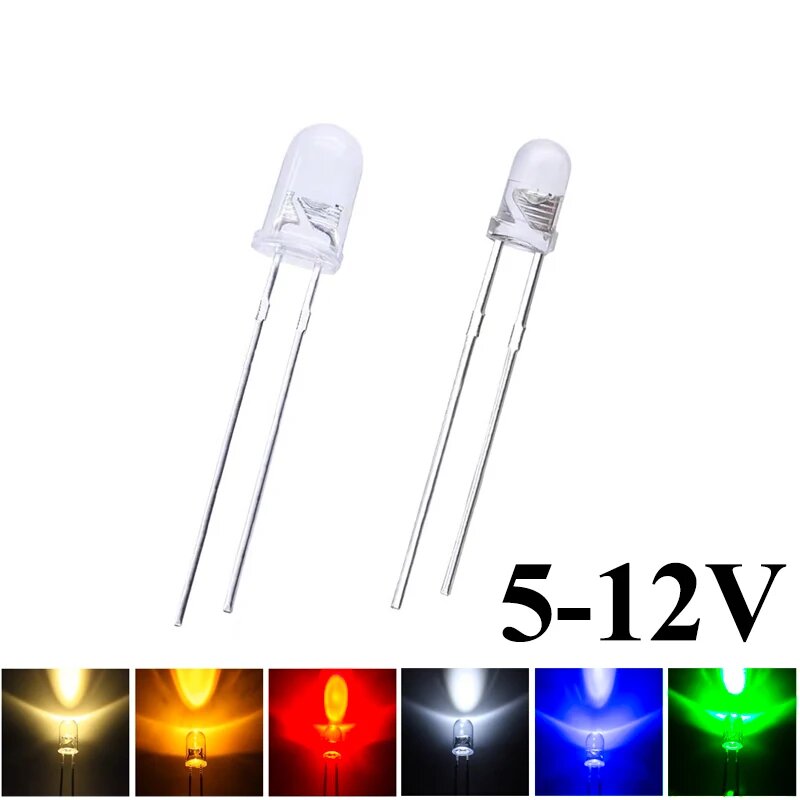 Светодиодные лампочки DC 12V 5V 3мм 5мм, теплый белый, красный, синий, для white, 3mm 5-12V 50PCS
