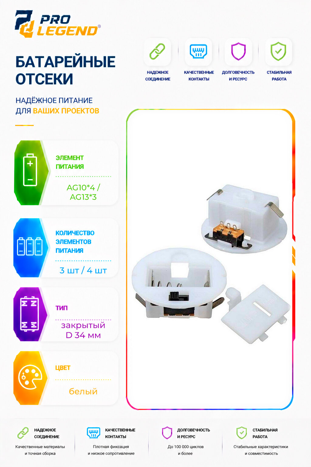 Батарейный отсек AG10*4/AG13*3 switch D34 мм, закрытый