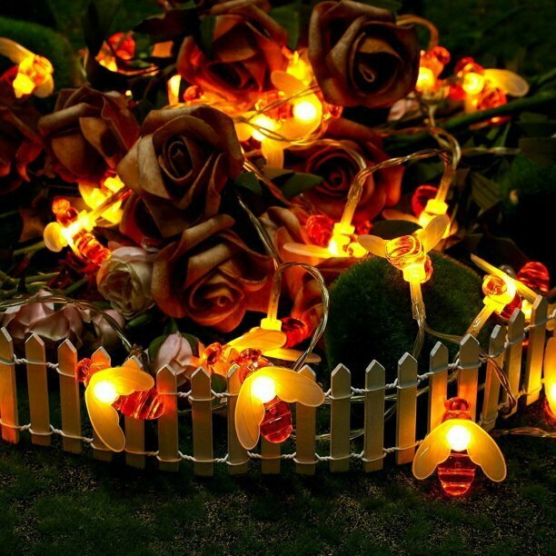 Гирлянда с фонарями "Пчела-Фея", 15 футов, 20 светодиодов, USB, имитация пчел, для улицы, вечеринок, свадеб, Рождества, украшения, садов, террас, теплый белый, черный провод, пластик, солнечная энергия, с пультом управления