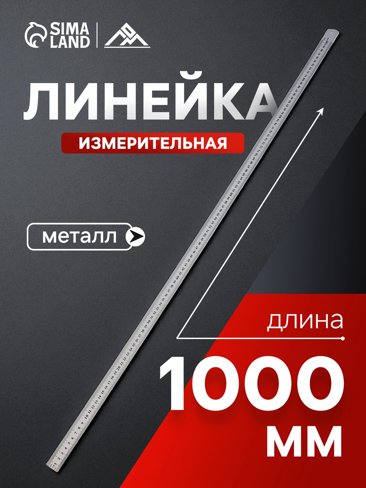 Линейка измерительная ЛОМ, металлическая, размер 1000 мм