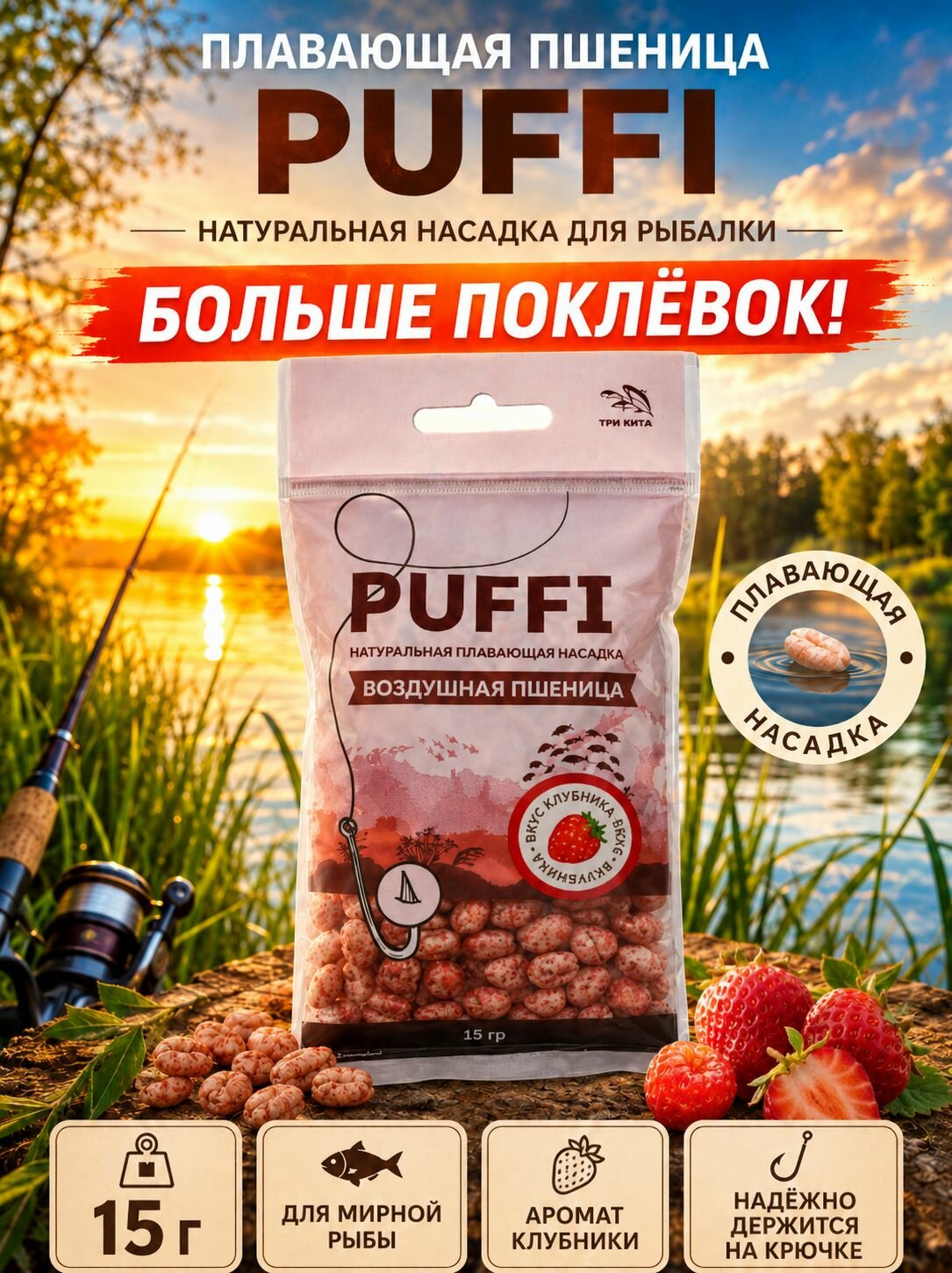 Насадка для рыбалки PUFFI воздушная пшеница 15 г, Клубника, для мирной рыбы, карпа и карася