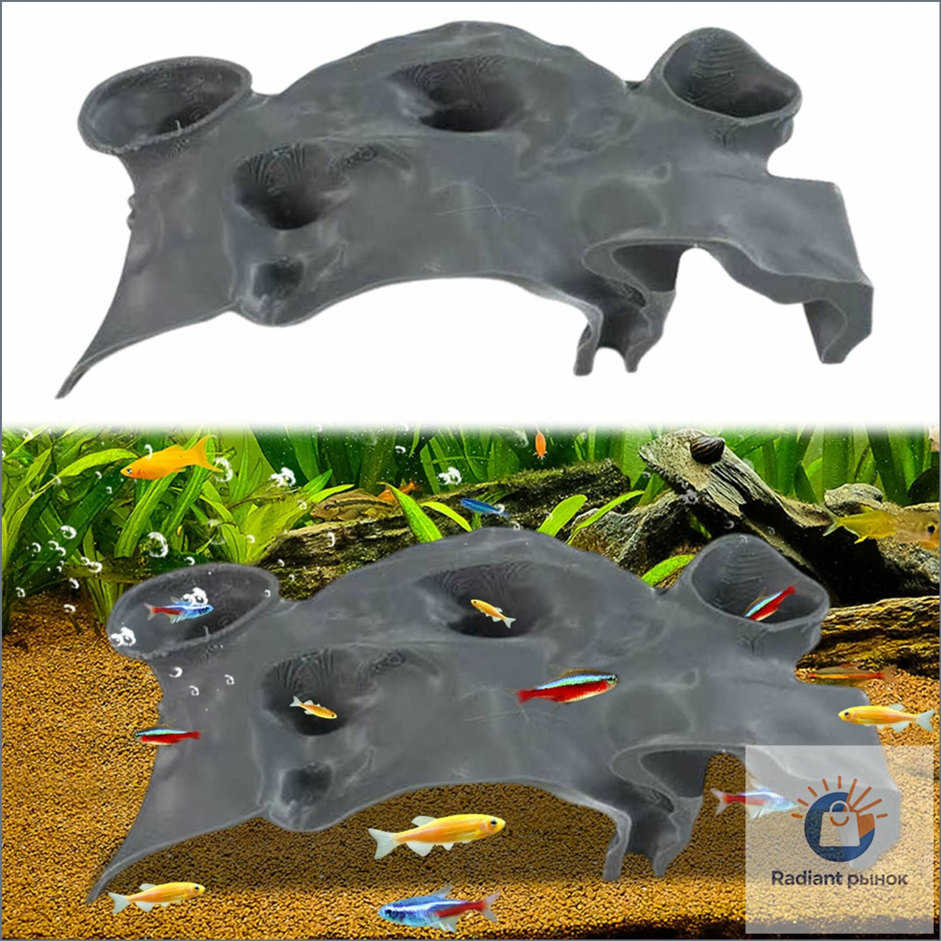 Пещера для сомиков Pleco из PLA, серая, размер M (19 11 5 см)