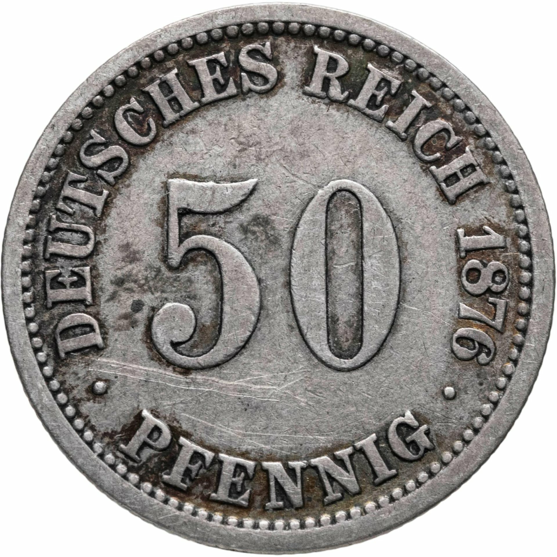 Германия 50 пфеннигов pfennig 1876, знак монетного двора: "A" - Берлин, Серебро 900, в сохранности F