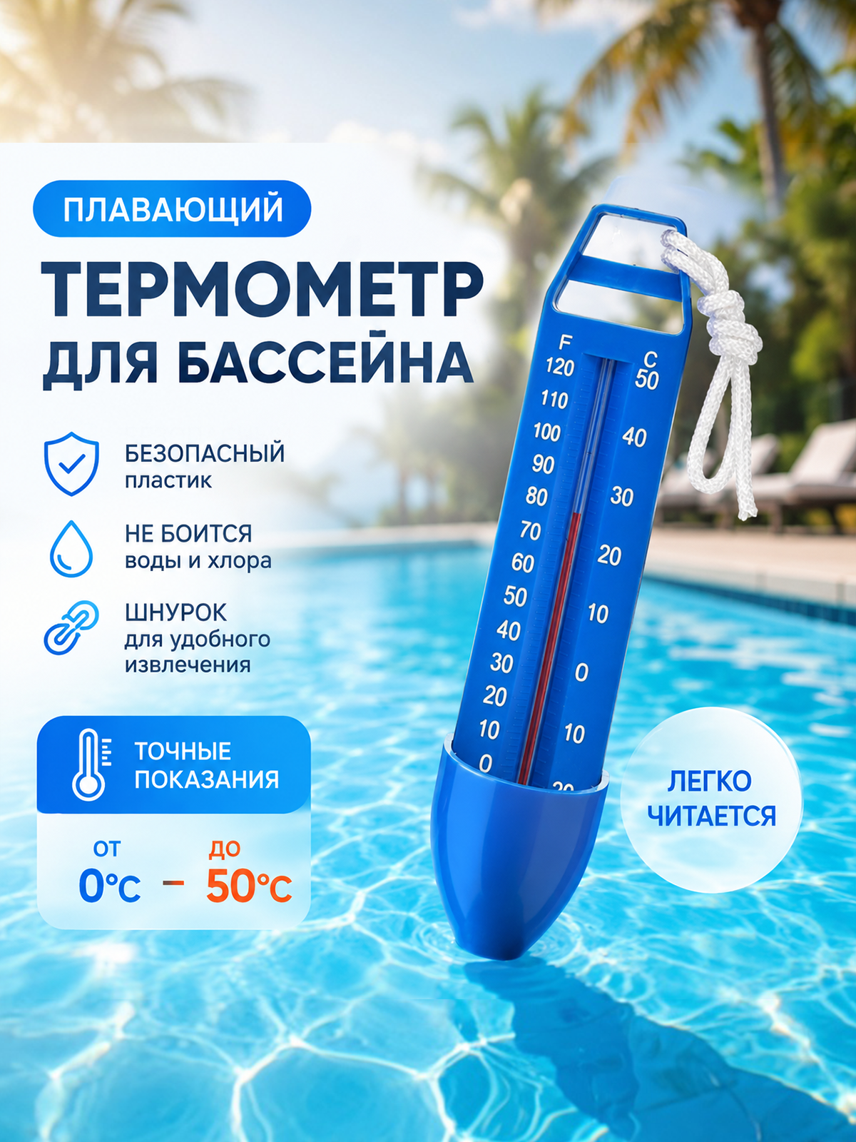 Термометр плавающий для бассейнов, Seazone, пластик, цвет синий.