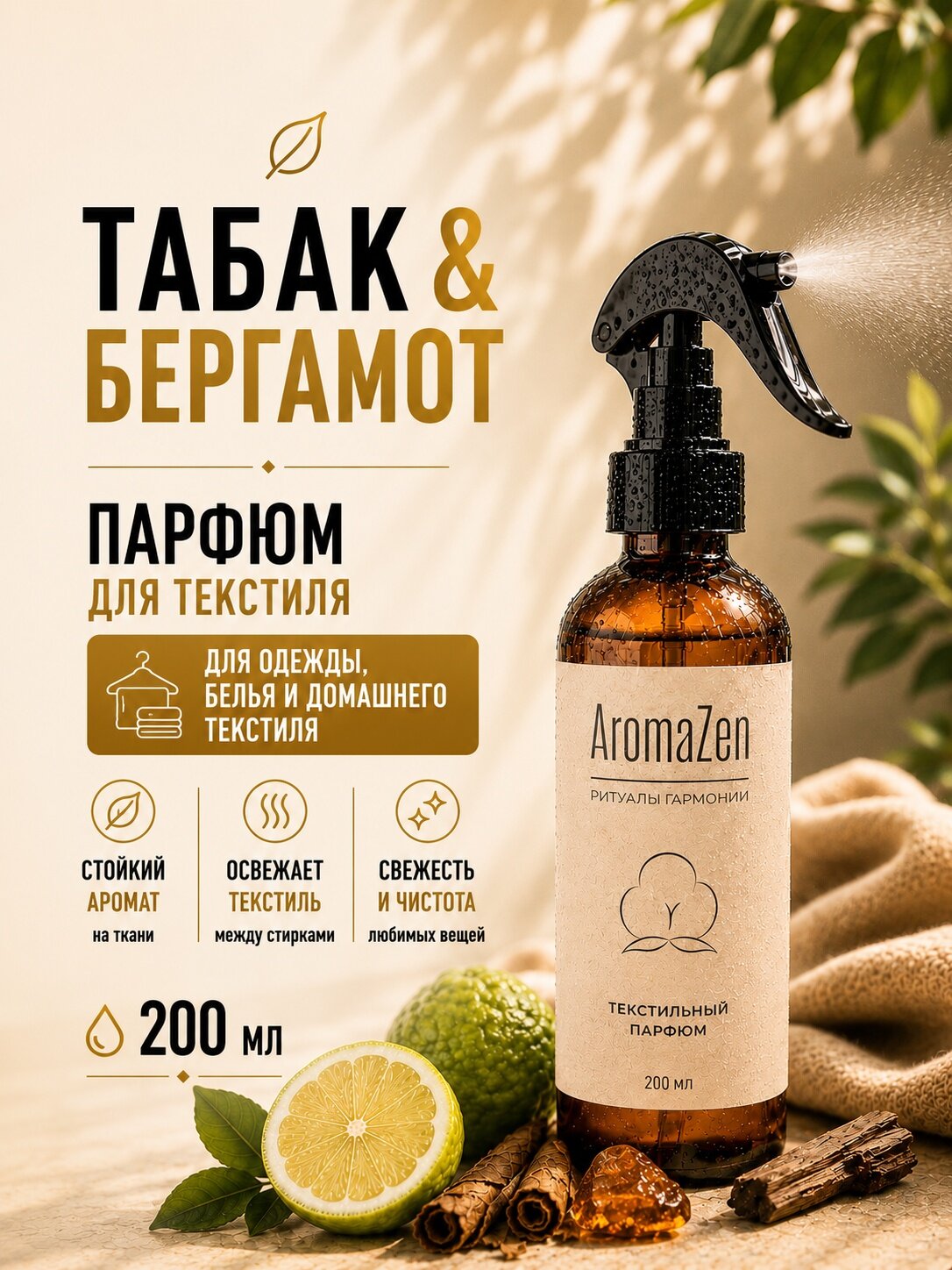 Текстильный парфюм Табак и Бергамот аромат для дома, одежды и белья AromaZen, 200 мл