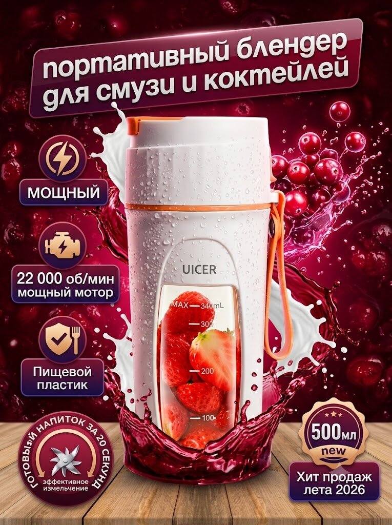 Портативный блендер беспроводной для смузи и коктейлей, 3 скорости с дисплеем, белый