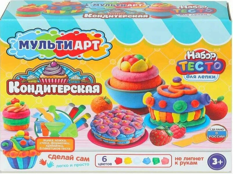 Тесто для лепки цветное "Кондитерская", игровой набор для детского творчества и развития мелкой моторики, 6 цветов + формочки и аксессуары