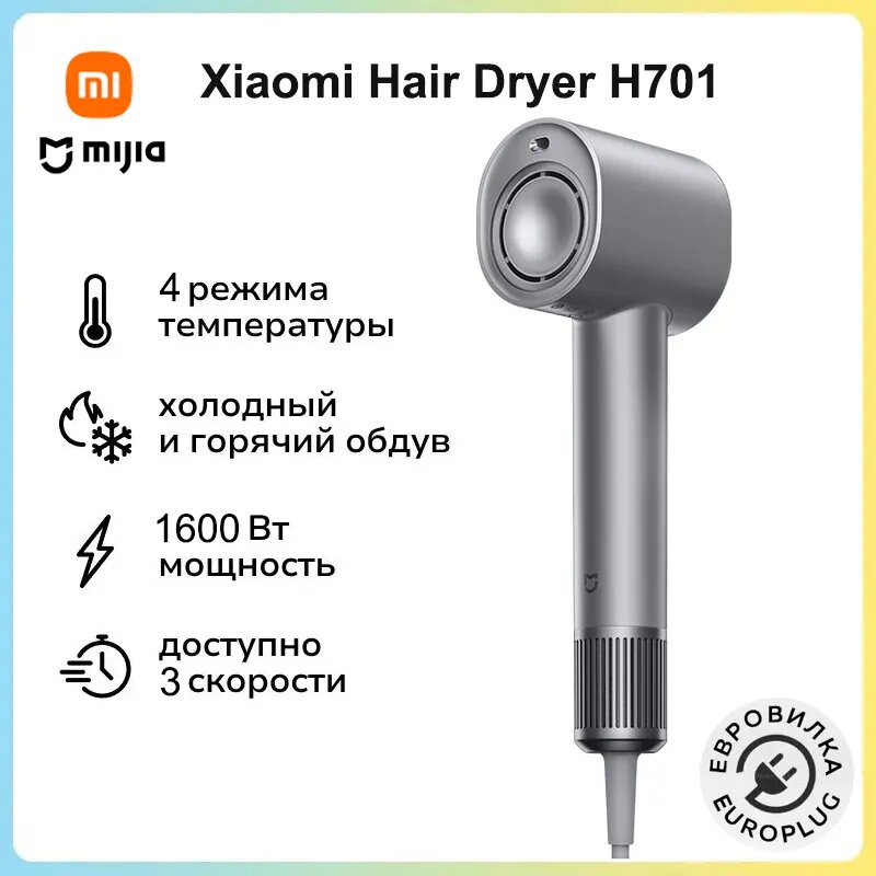 Redmi Фен для волос Фен для волос MIJIA Hair Dryer H101 профессиональный, мощный, 1600 Вт, с насадкой концентратором для сушки и укладки 1600 Вт, скоростей 3, кол-во насадок 1, черный матовый, серебристый