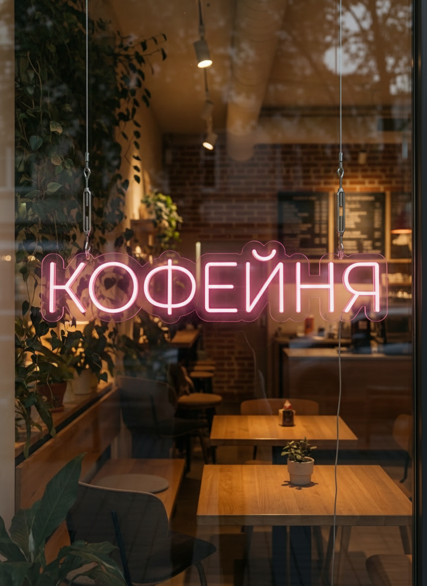 Неоновая вывеска "кофейня горизонтальная" 80х20 см, неоновая надпись, LED светильник для кофейни и пекарни