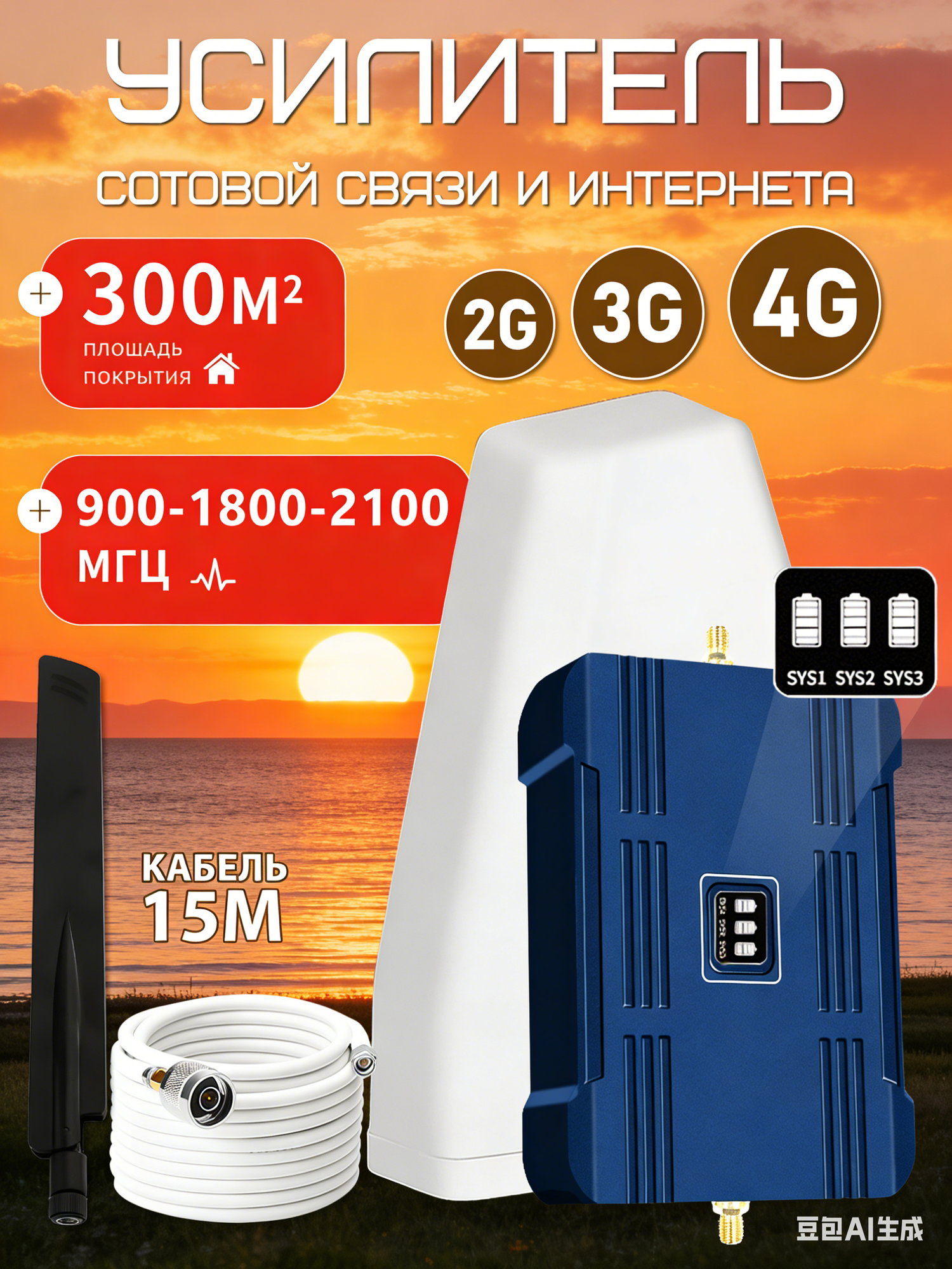 Усилитель сотовой связи 900/1800/2100 МГц (2G/3G/4G): до 70 км, направленный, синий, 1.3 кг