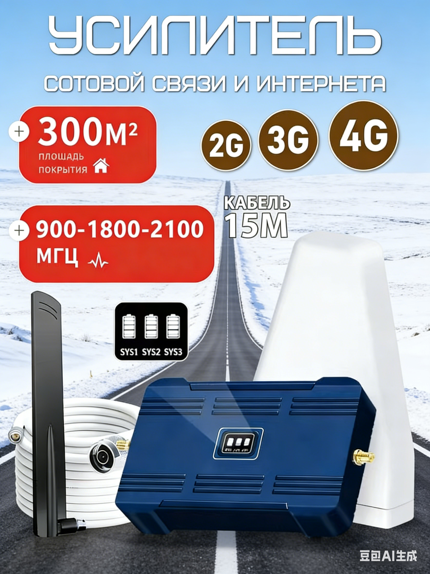 Усилитель сотовой связи 900/1800/2100 МГц (2G/3G/4G): до 70 км, направленный, синий, 1.3 кг