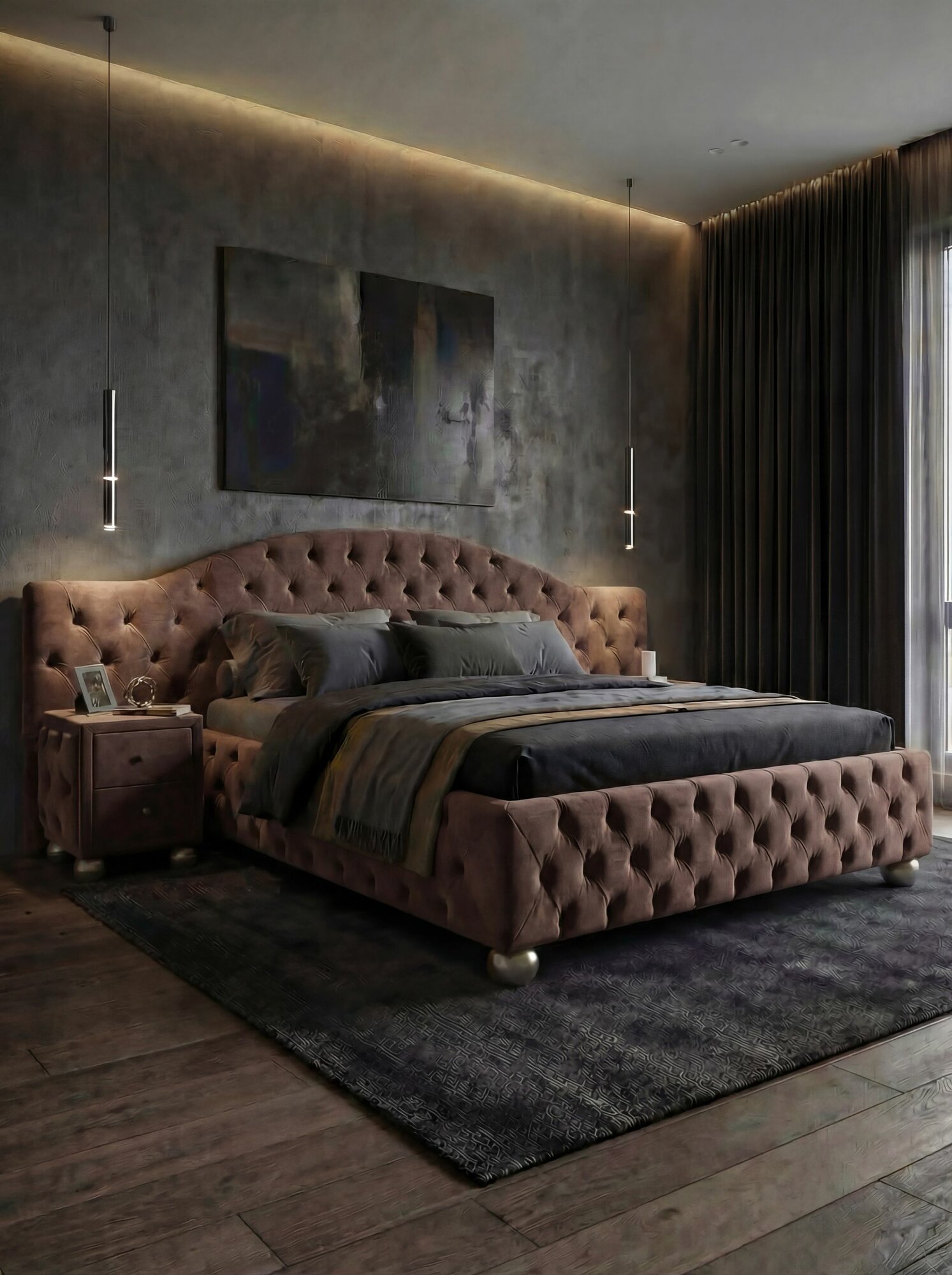 Двуспальная кровать 180x200, Letto King Size, с мягким изголовьем, с ящиком, велюр, коричневый