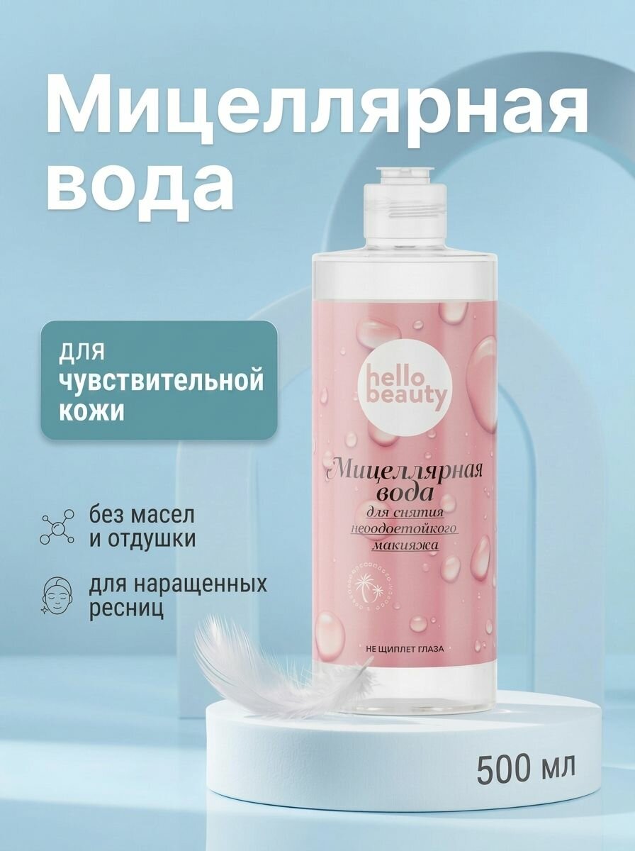 Мицеллярная вода для чувствительной кожи лица и глаз без масел, для нарощенных ресниц Hello Beauty 500 мл