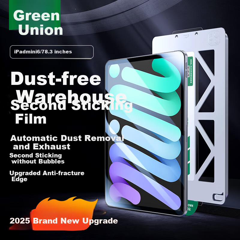 Green Union Tempered Glass Screen Protector for iPad Mini 7/6 8.3 Inch Dust-Free Warehouse 2024/21 New A17Pro Chip Universal Apple Tablet Protective HD Film