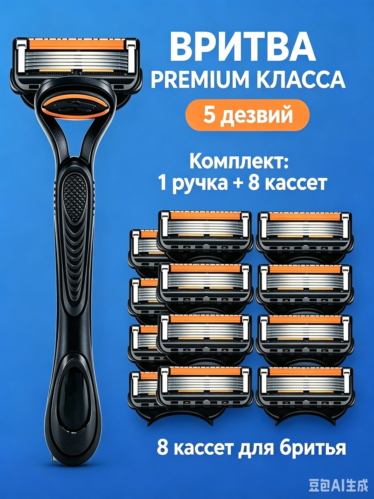 Набор: Многоразовый мужской станок, 8 кассет, с 5 лезвиями