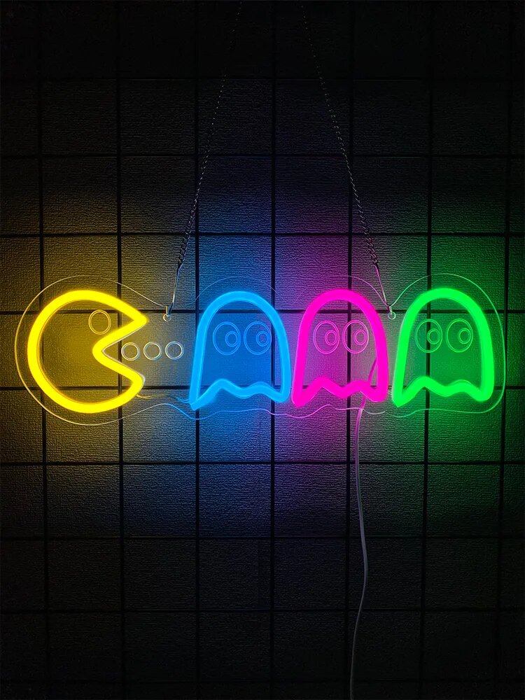 Неоновая вывеска в стиле аркадных игр с привидениями Pac-Man, ретро-декор (с USB-портом/переключателем)