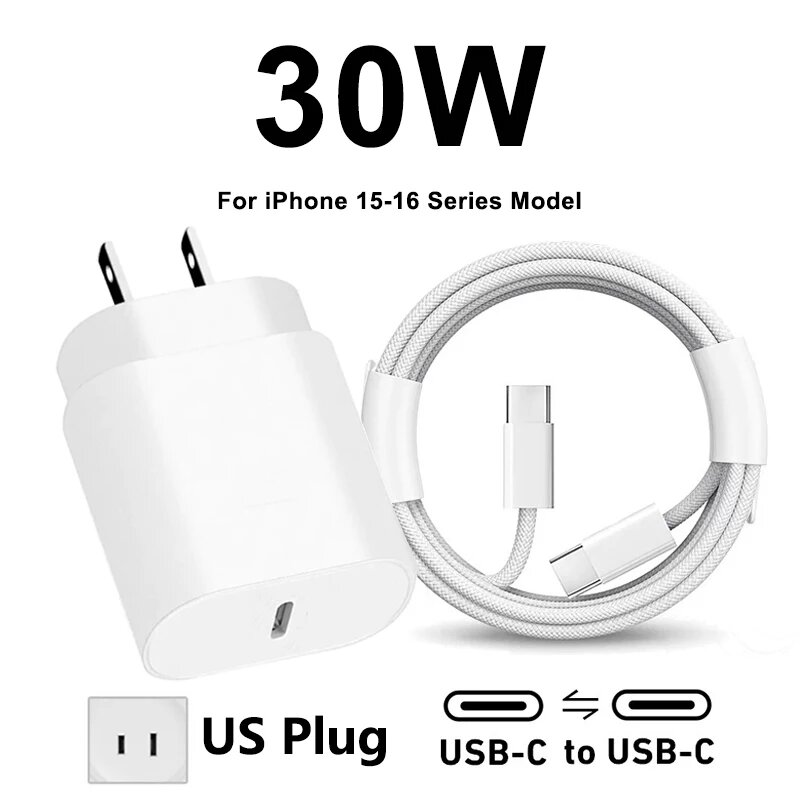 Для Apple Original PD 30 Вт Тип C Быстрое зарядное устройство для iPhone 17 16 US Plug C-C 1m Cable