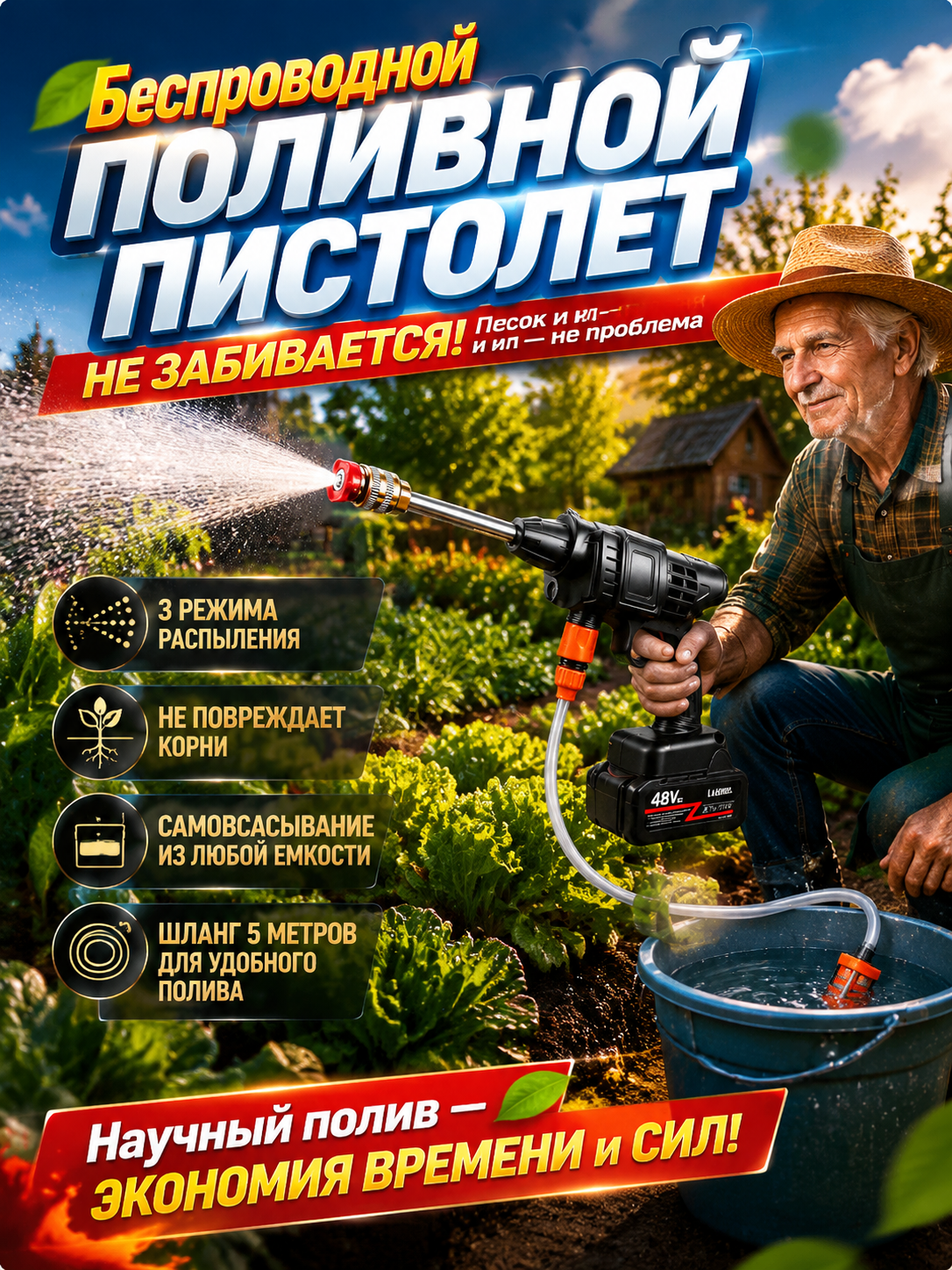 Насос аккумуляторный для полива из бочки, 48V