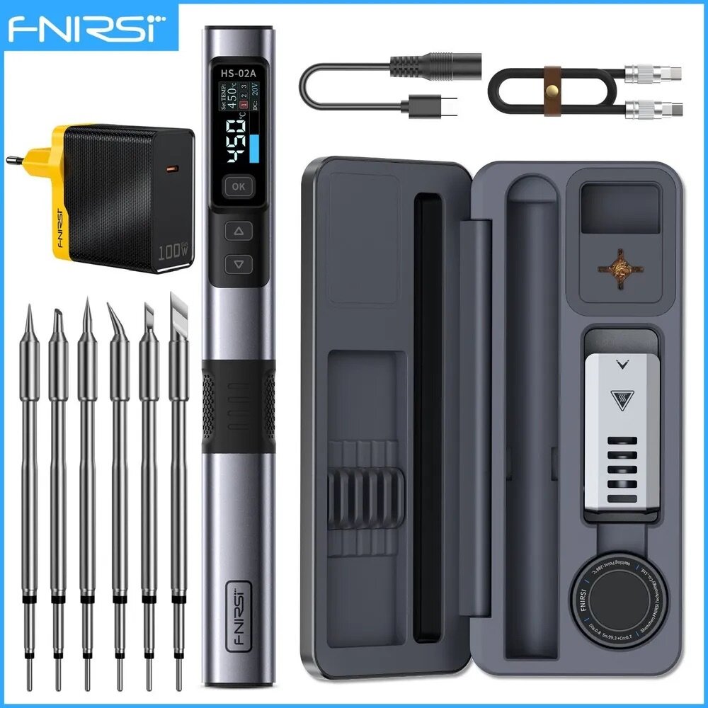 Умный паяльник FNIRSI HS-02A Toolbox Kit, портативная паяльная станция 100 Вт с БП GaN и 6 жалами C245