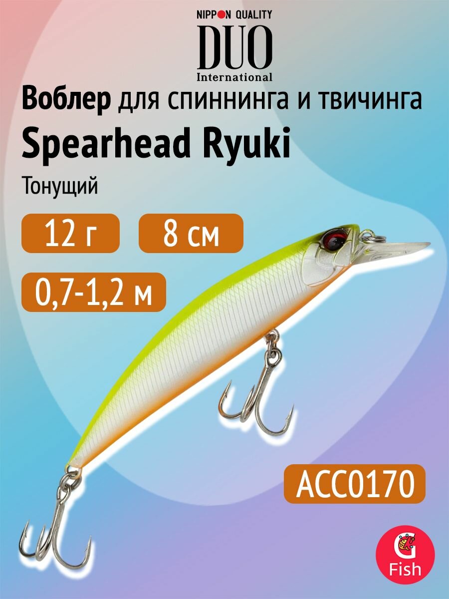 Воблер для рыбалки DUO Spearhead Ryuki 80 S SW, ACC0170 Pearl Chart OB II, 80 мм, 12 г, тонущий, минноу