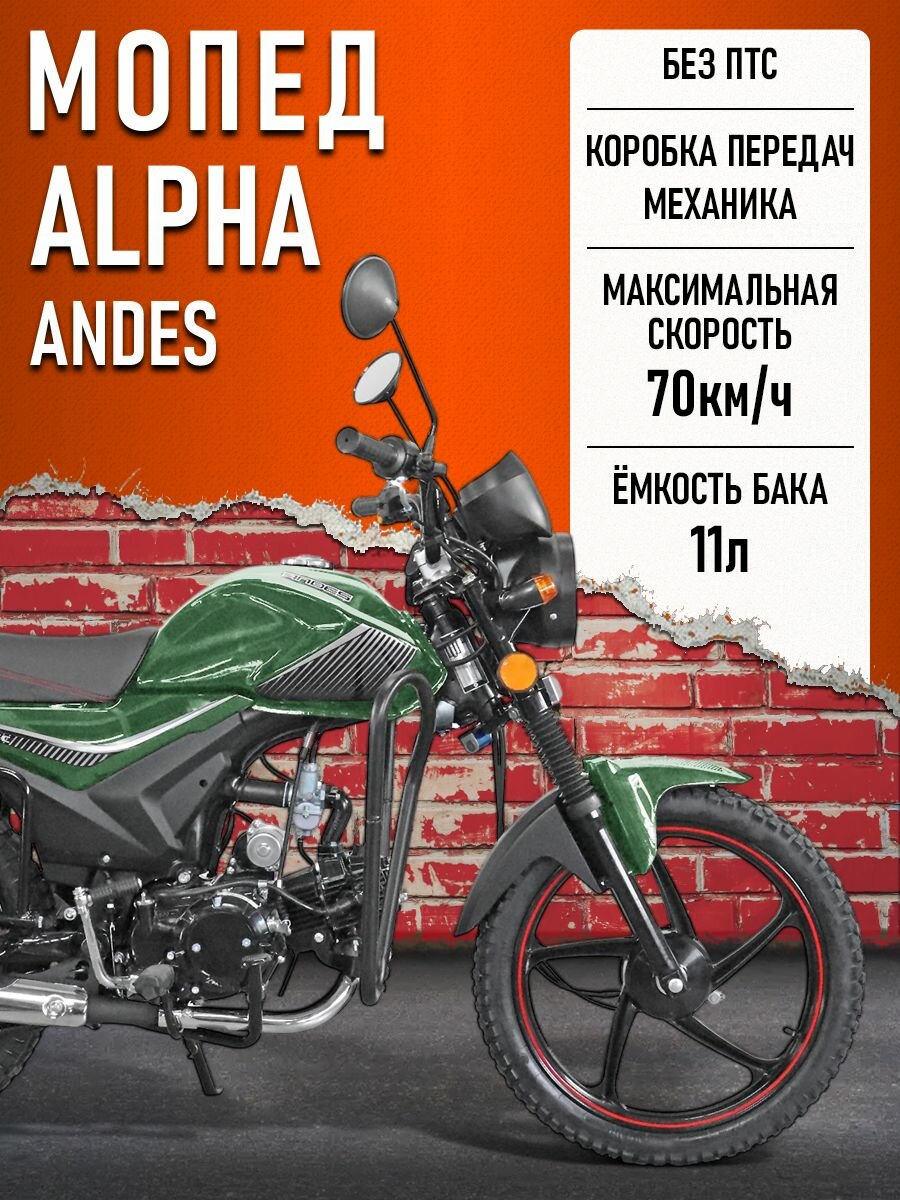 Мопед Alpha ANDES (Тюнинг)(защита ног, подставка для ног, багажник, литые диски)зеленый матовый
