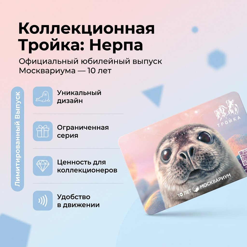 Коллекционная транспортная карта Тройка - Нерпа - Москвариум 10 лет, пластик