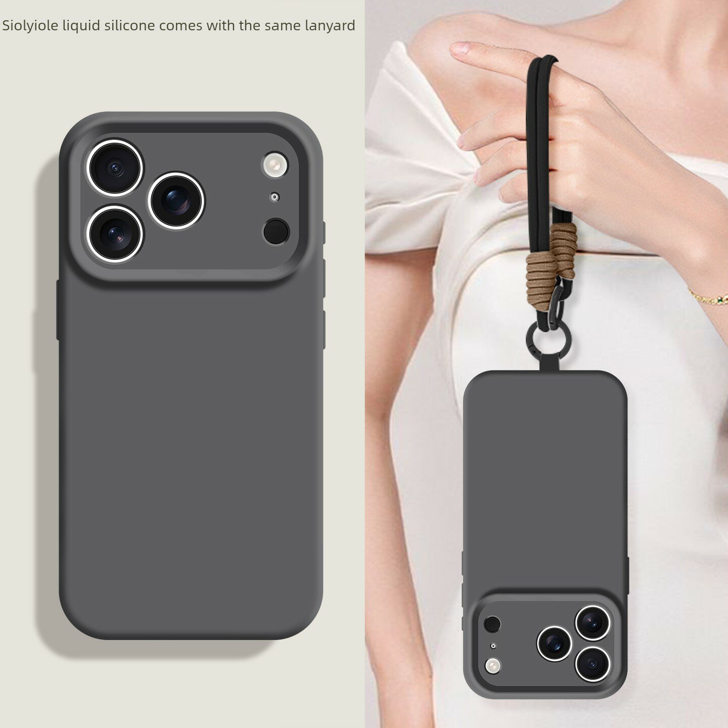 Чехол для iPhone 16 Pro из жидкого силикона с короткой лямкой, графитовый - премиум защита