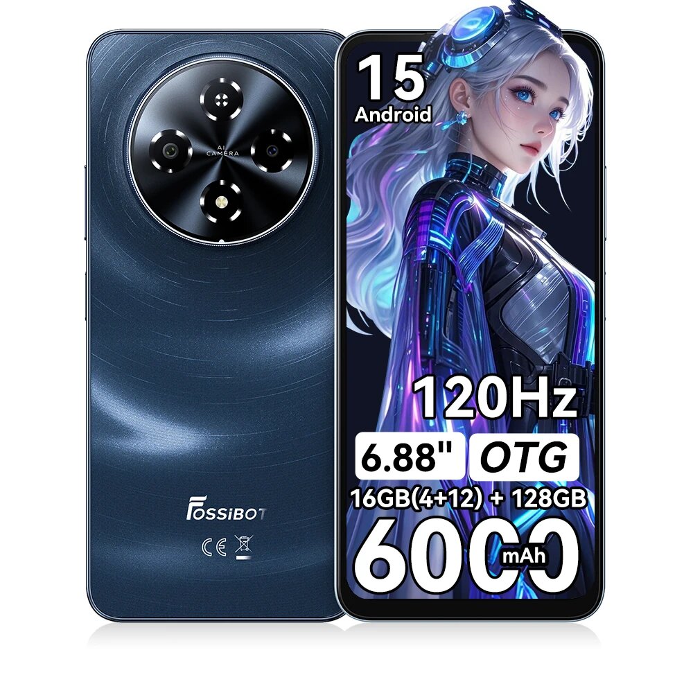 Смартфон Fossibot S5 16 (4+12) ГБ / 128 ГБ, 4G LTE, 6,88" HD, Android 15, 6000 мА·ч — черный/синий