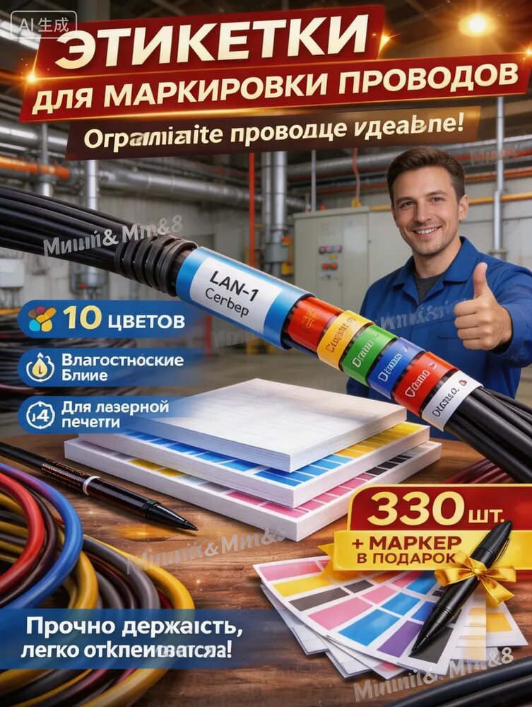 Цветные бирки для проводов А4 (330 штук) для кабель-менеджмента. Водостойкая маркировка витой пары, стикеры с маркером