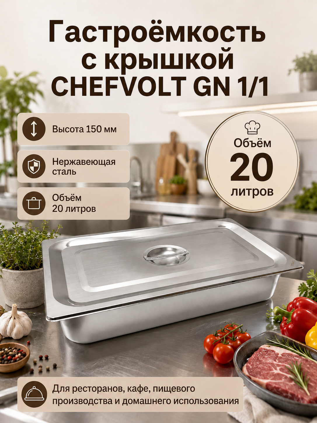 Гастроемкость GN 1/1-150 мм с крышкой, нерж. сталь CHEFVOLT