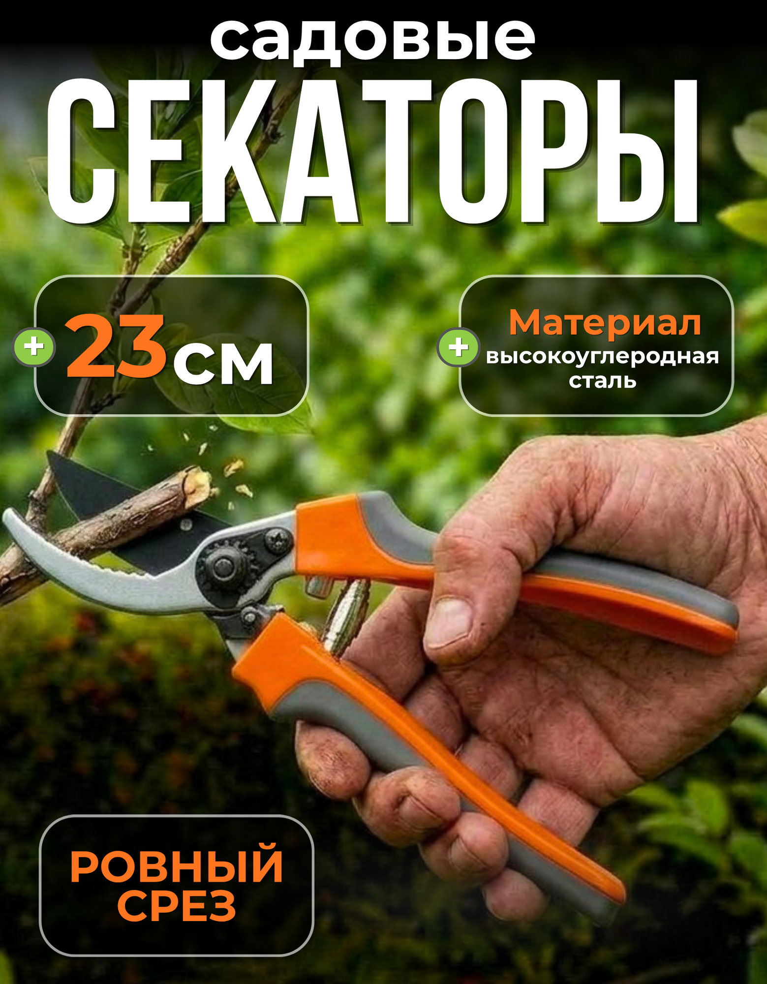 Секатор садовый ручной, длина 23см, с тонким лезвием, стальной