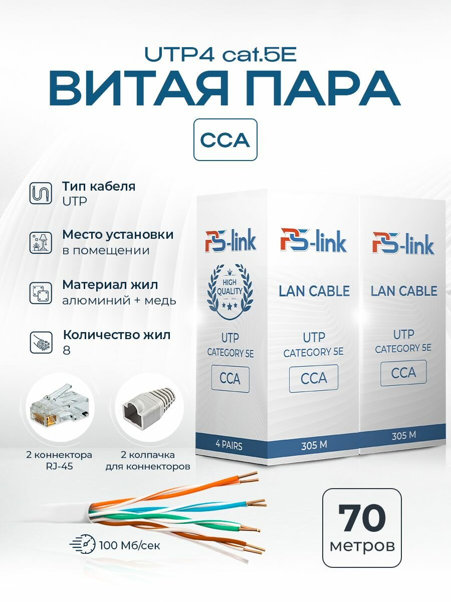 Кабель патч-корд UTP4 cat.5E CCA 70 метров Ps-Link UTP-CCA70 с коннекторами