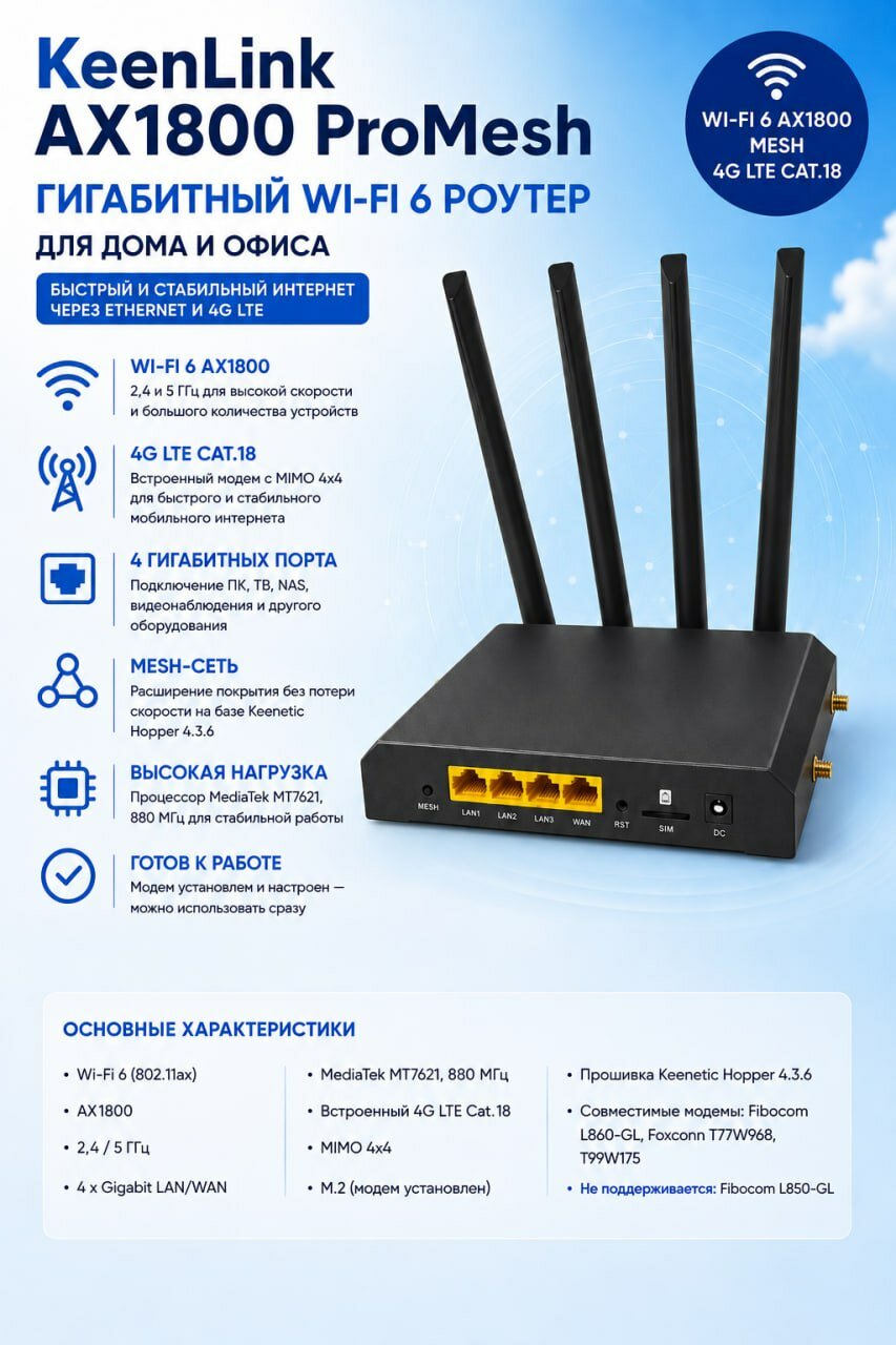 KeenLink AX1800 ProMesh Wi-Fi 6 роутер с 4G LTE Cat.18 модемом, MIMO 4×4, Foxconn T77W968