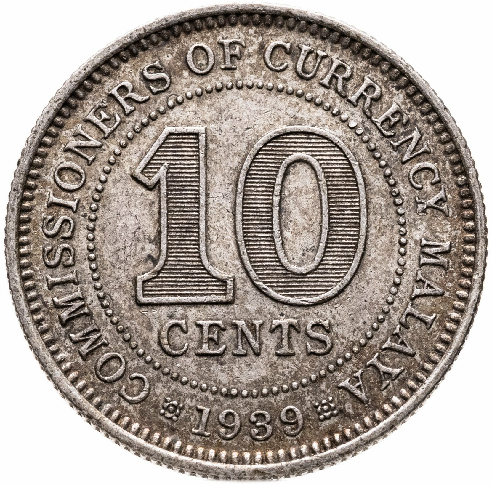 Малайя 10 центов 1939, Серебро 750, в сохранности VF-XF