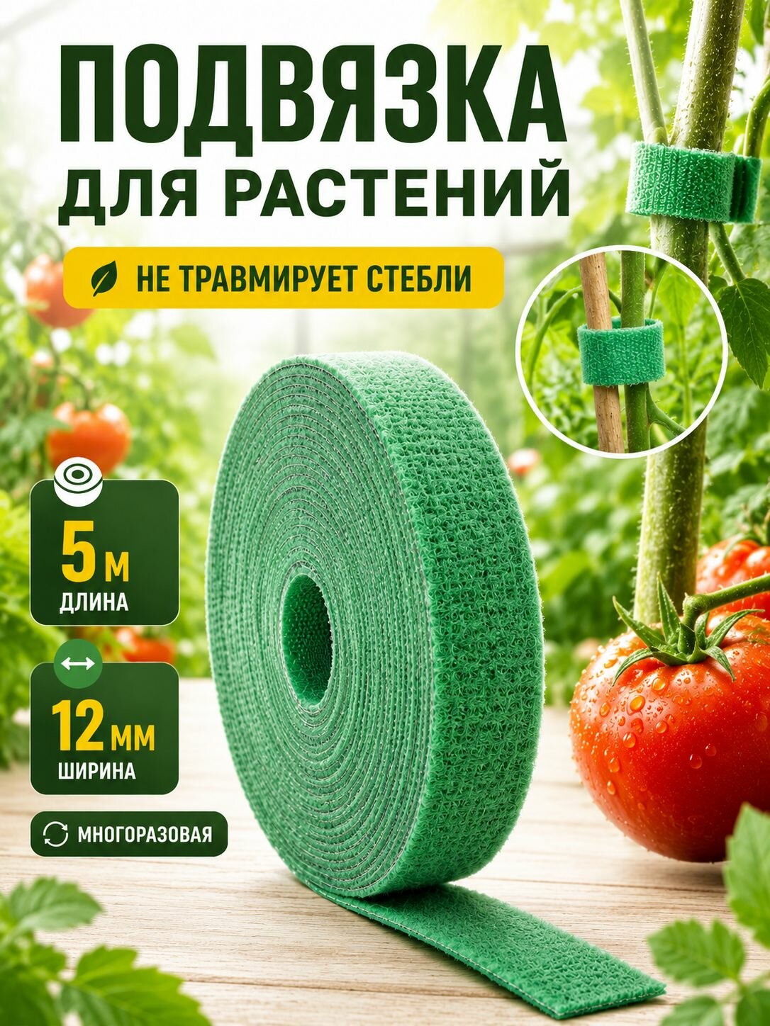 Подвязка для растений, лента липучка для подвязки растений садовых, 5м х 12мм, многоразовая завязка, для огурцов, помидоров, цветов и кустов лента для подвязки растений садовая липучка завязка для огу
