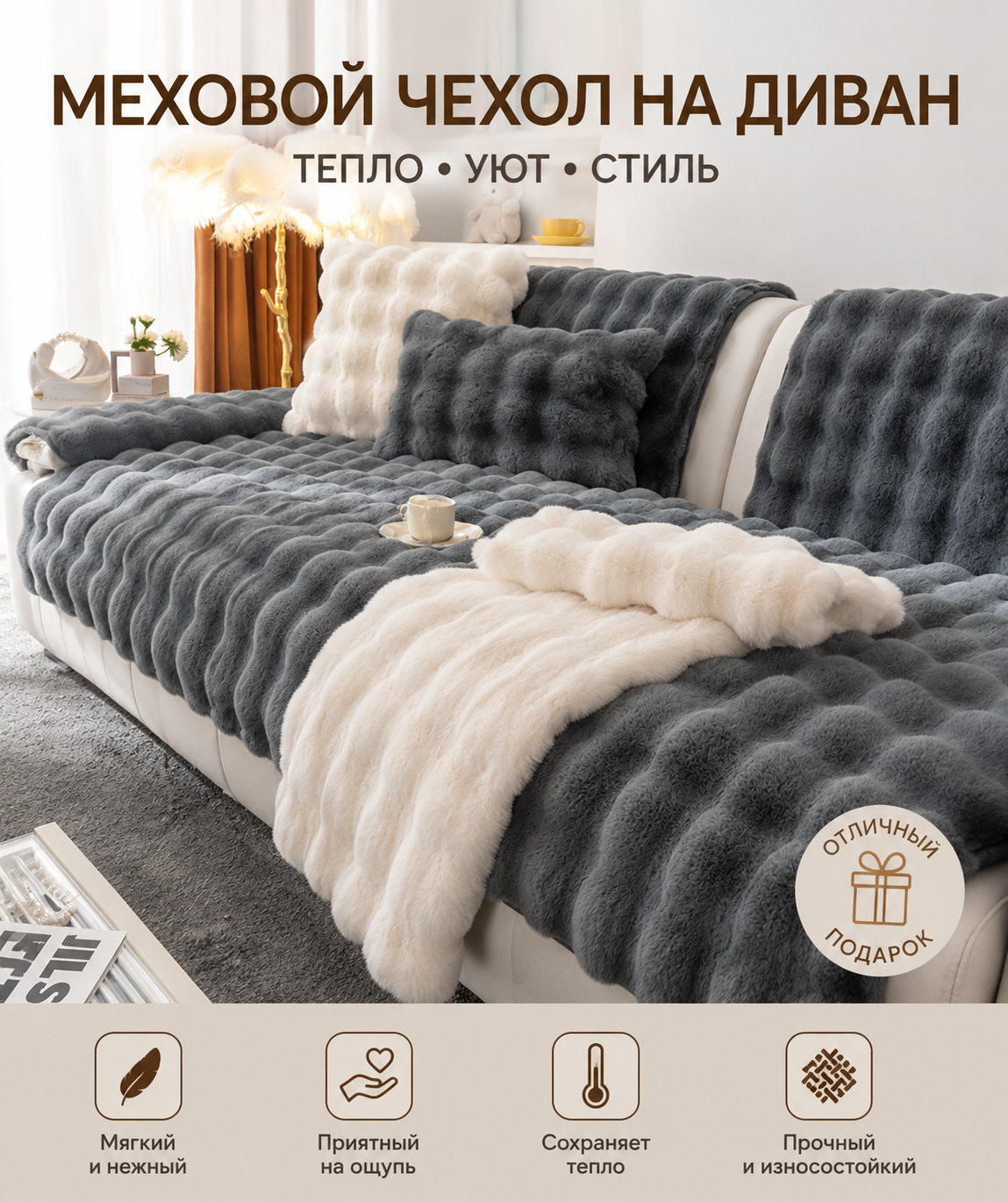 Мягкий меховой чехол на диван с ворсом (имитация кролика), зимний уютный плед, угловой диван110*210cm