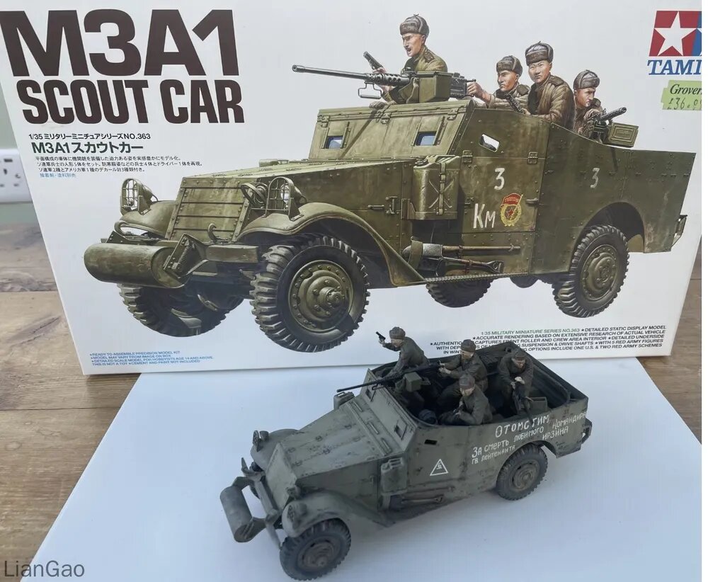 Сборная модель Tamiya 1/35 Бронетранспортер M3A1 Scout Car с 5 фигурами советских солдат, арт. 35363