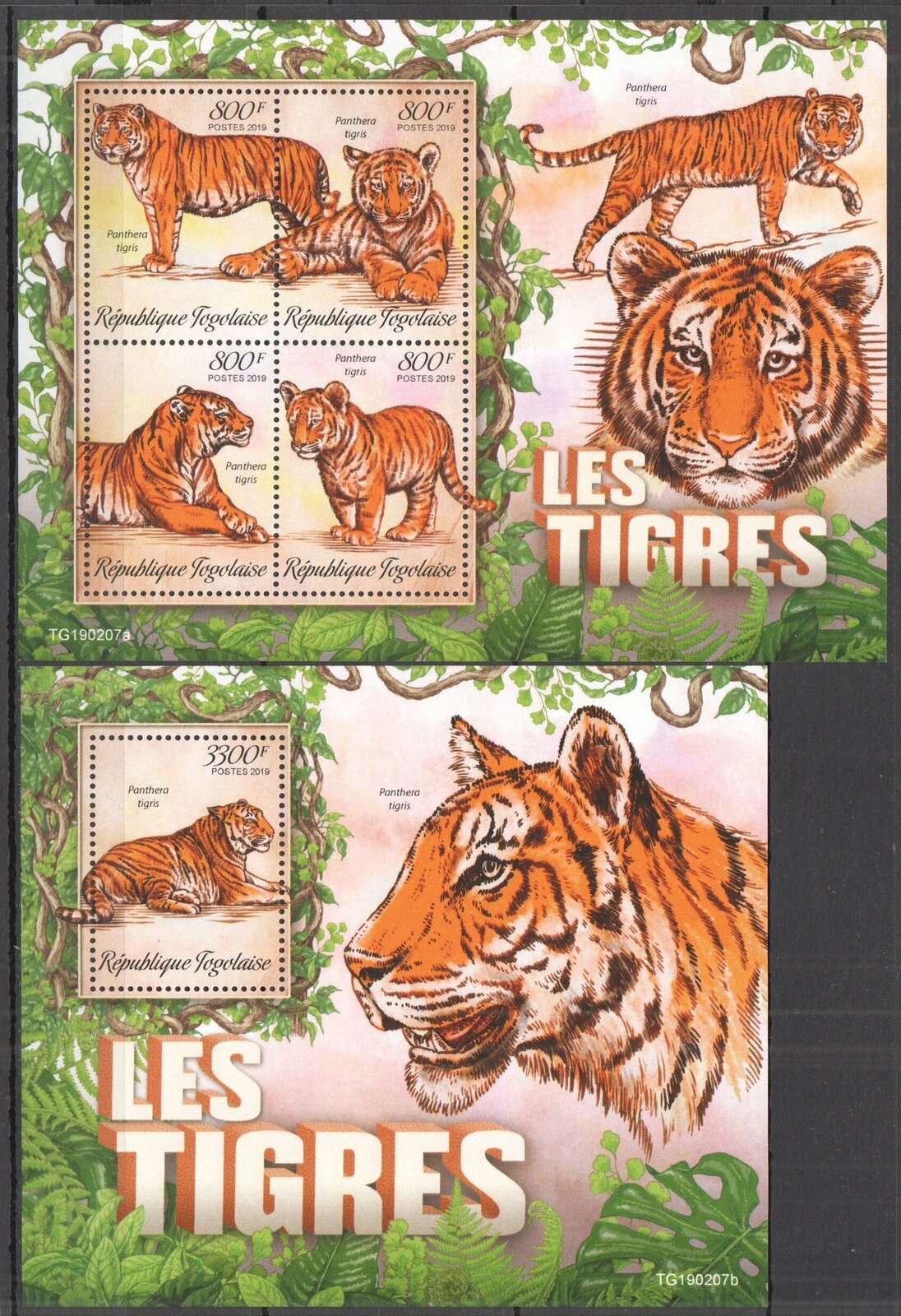 Марки 2019 год Того Тигры Дикие кошки Животные Фауна #6824-6827+Bl1539 Mnh