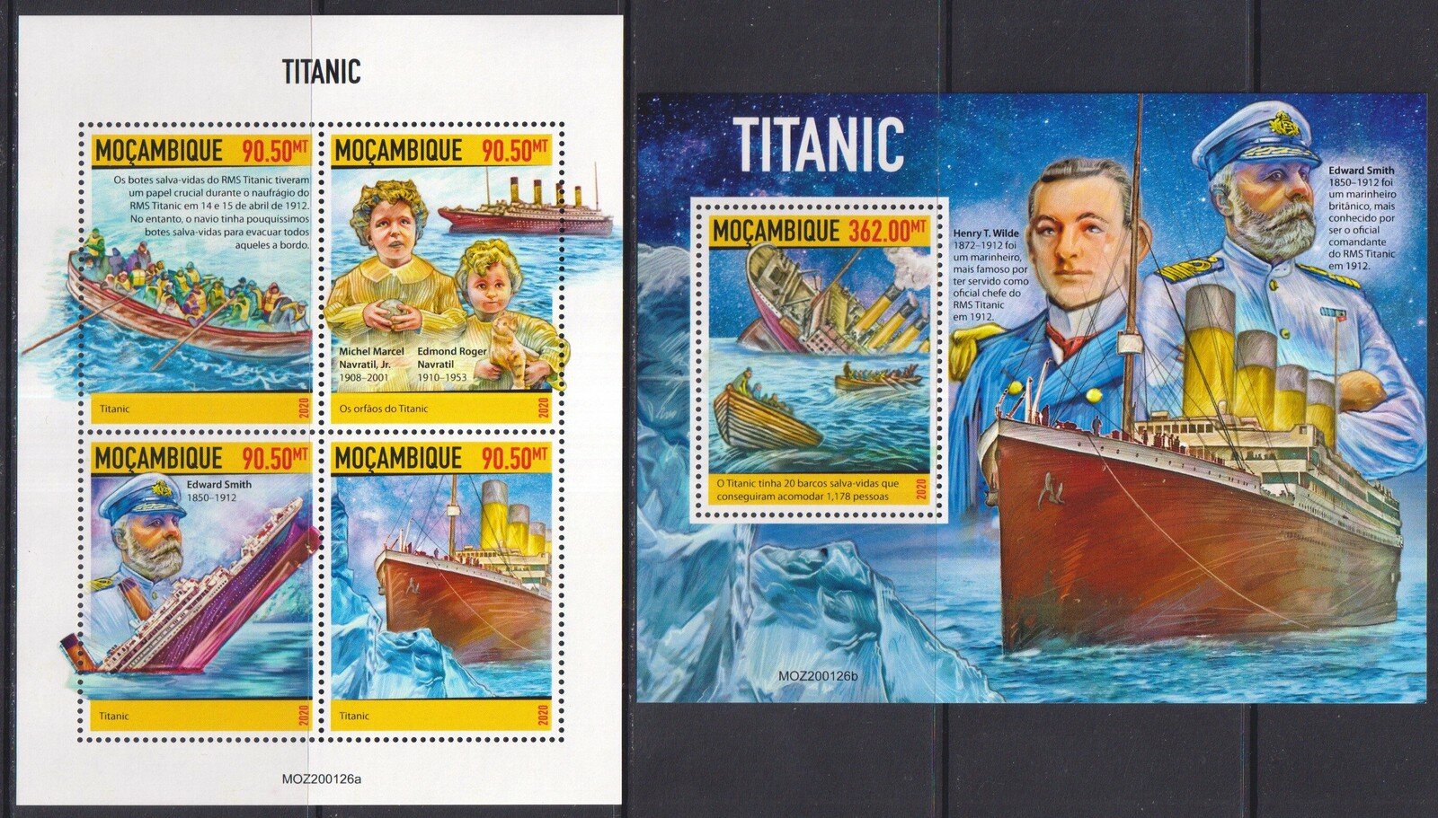 Марки 2020 год Мозамбик Гибель "Титаника" Корабли Эдвард Смит #10860-3+Bl1607 Mnh