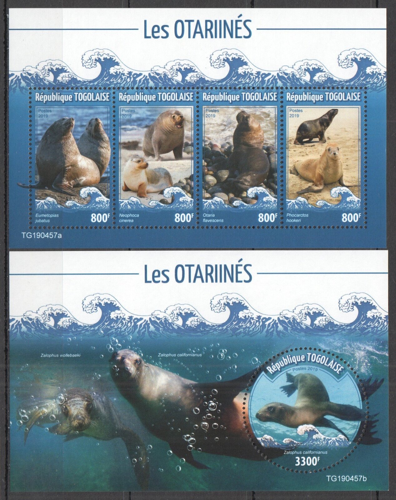 Марки 2019 год Того Морские львы Морская жизнь Фауна #7510-7513+Bl1730 Mnh