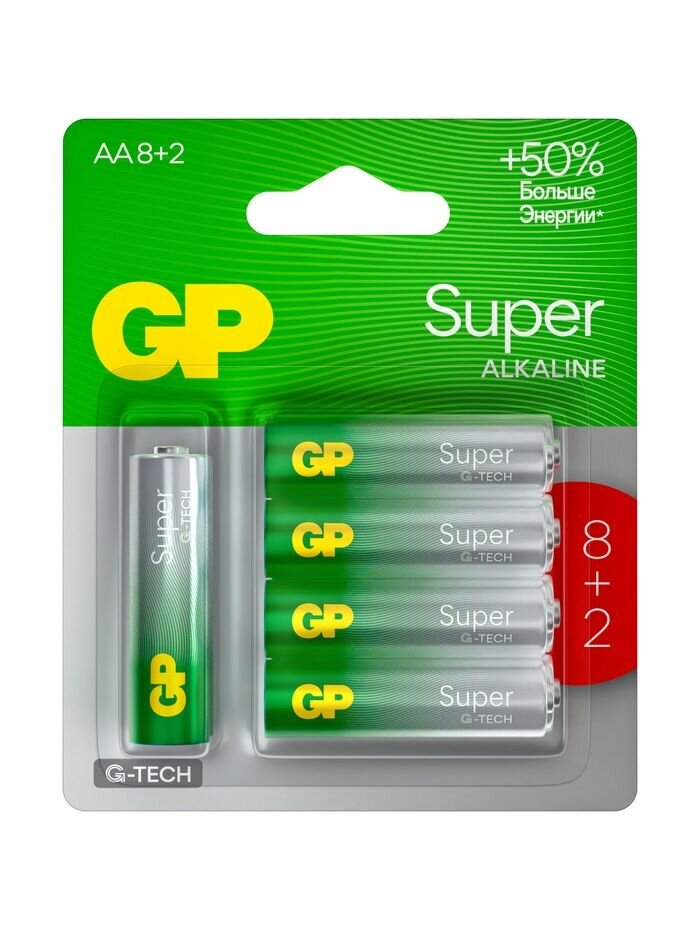 Батарейка GP Алкалиновая Super, AA, LR6-10BL, 1.5 В, технология G-Tech, набор 8+2 шт