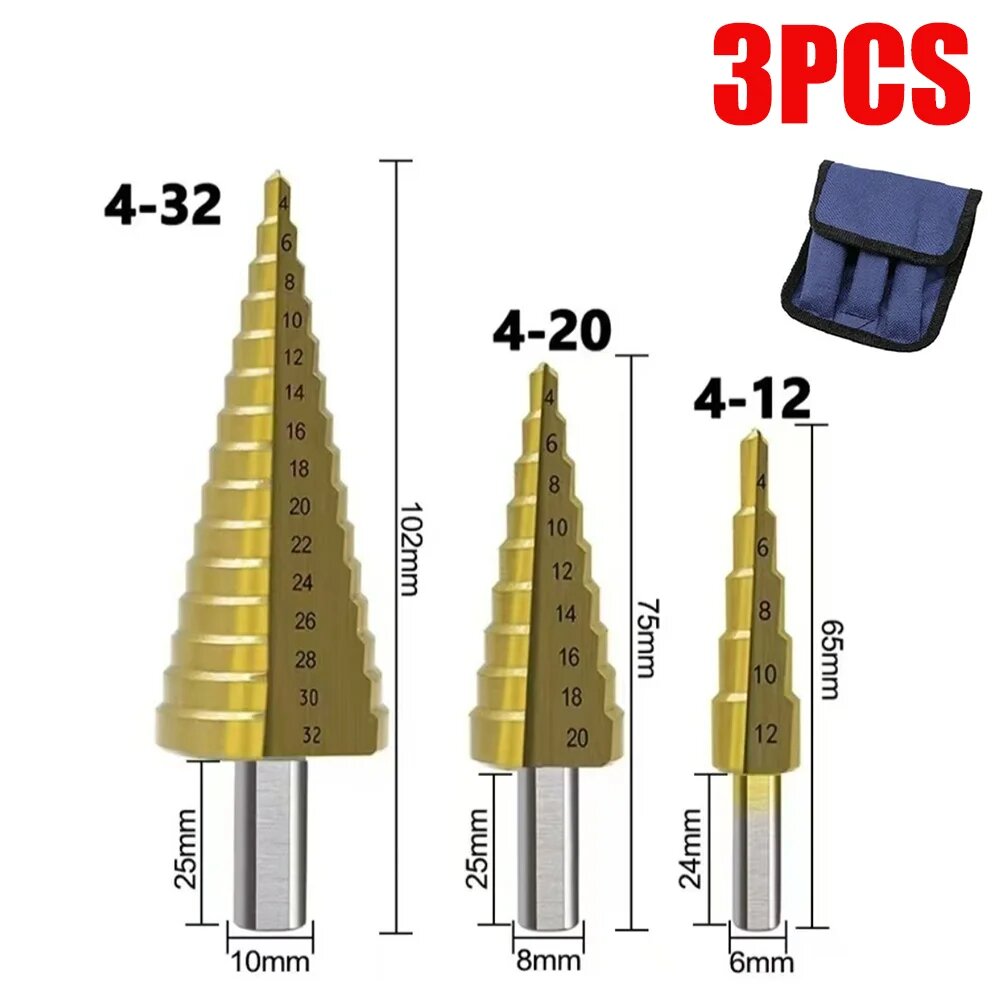Ступенчатые сверла 4-52 мм, 4-42 мм, 4-32 мм, 4-12 мм, 4-20 мм титановые 3pcs Set with bag