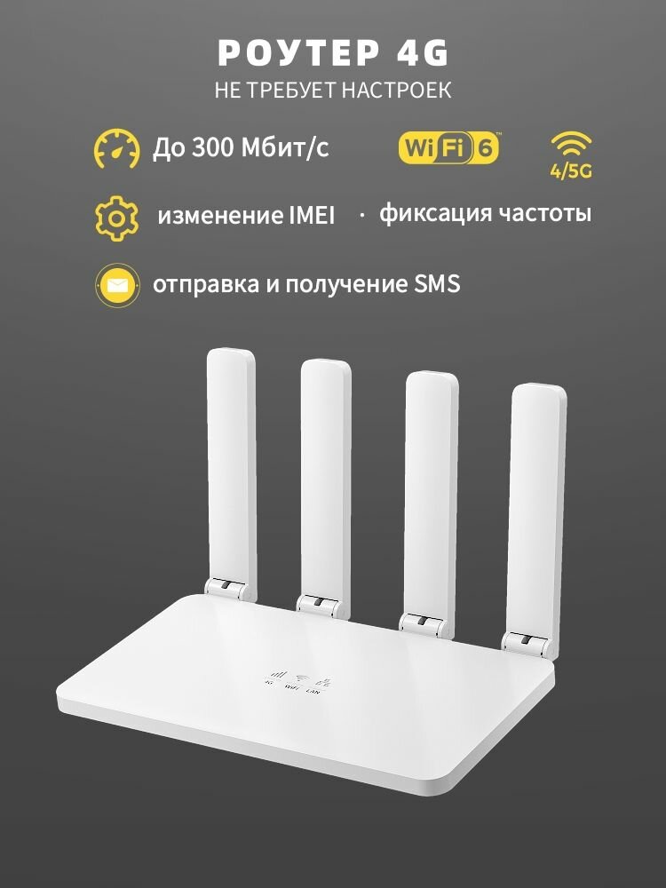 Роутер wifi с сим картой, WIFI6, 300 Мбит/с, 4 антенны, 2.4 ГГц, покрытие до 200 м, до 32 устройств, Type-C питание, LAN