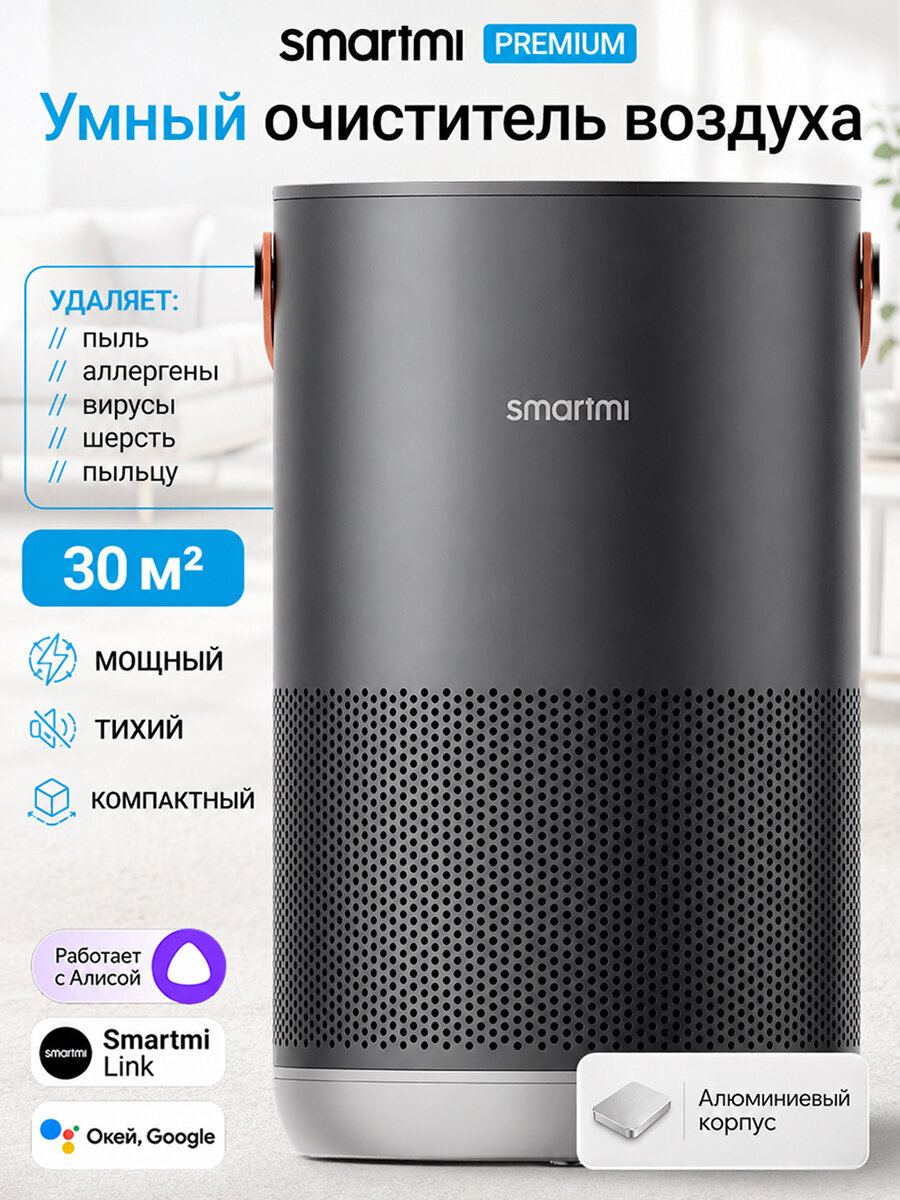 Очиститель воздуха Smartmi Air Purifier P1, с Алисой, HEPA-фильтр, Wi-Fi, серый