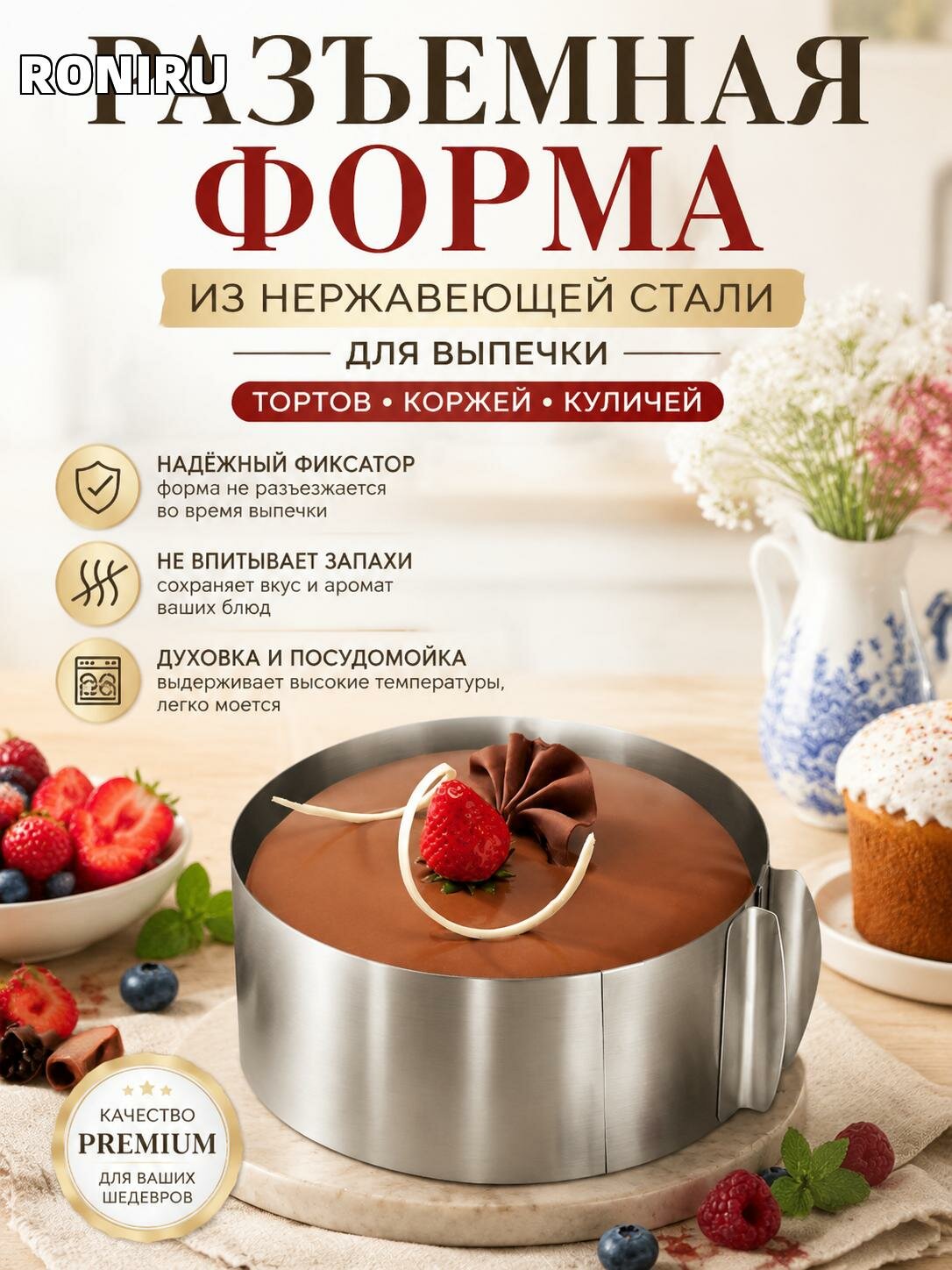 Разъемная форма для выпечки из нержавеющей стали круглая — для тортов, коржей и куличей, для духовки и посудомойки