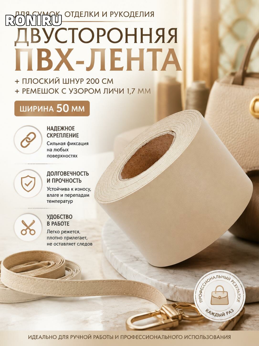 Двусторонняя ПВХ-лента 50 мм, плоский шнур 200 см и ремешок с узором личи 1,7 мм для сумок, отделки и рукоделия