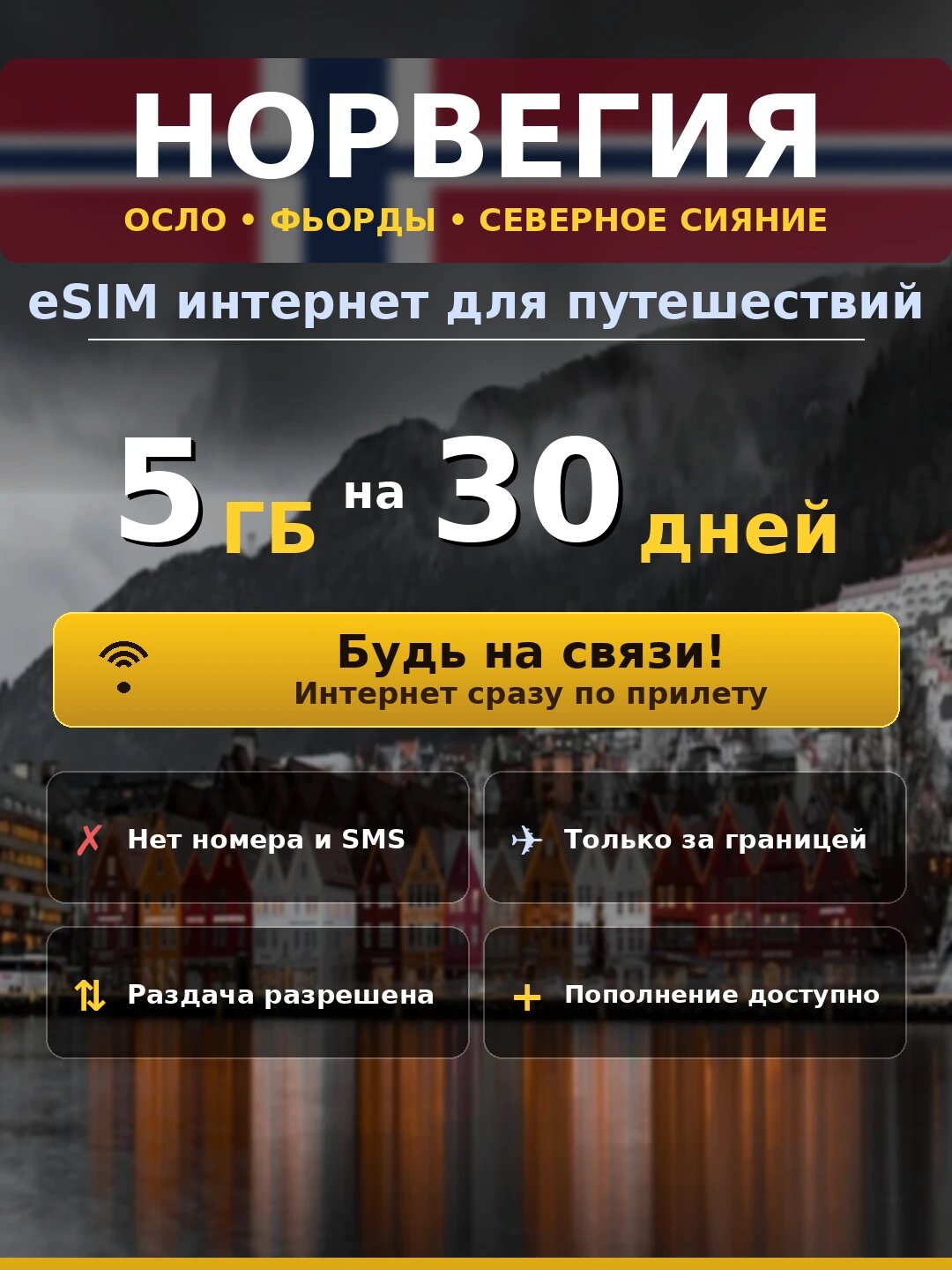 ESIM Норвегия — мобильный интернет 5 ГБ на 30 дней | виртуальная SIM-карта для путешествий