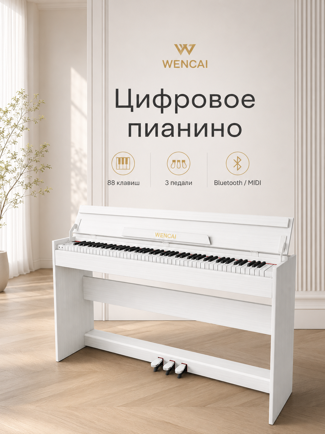 Цифровое пианино WENCAI BL-8818,88 клавиш, полувзвешенная клавиатура, с крышкой клавиатуры педалЯми, белое